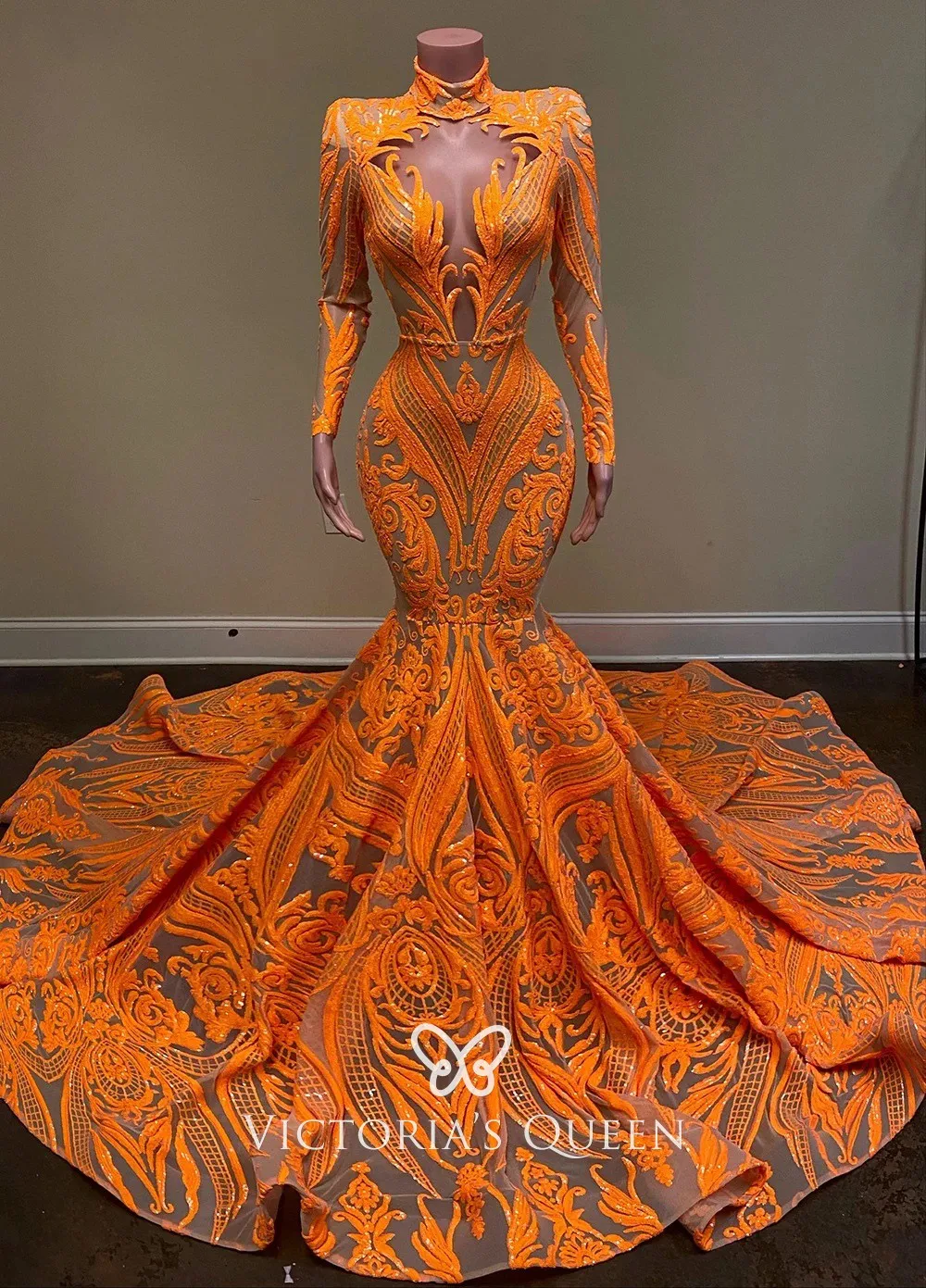 DarIing Geometric Long Sleeve Orange Sequin Prom Dress - VQ