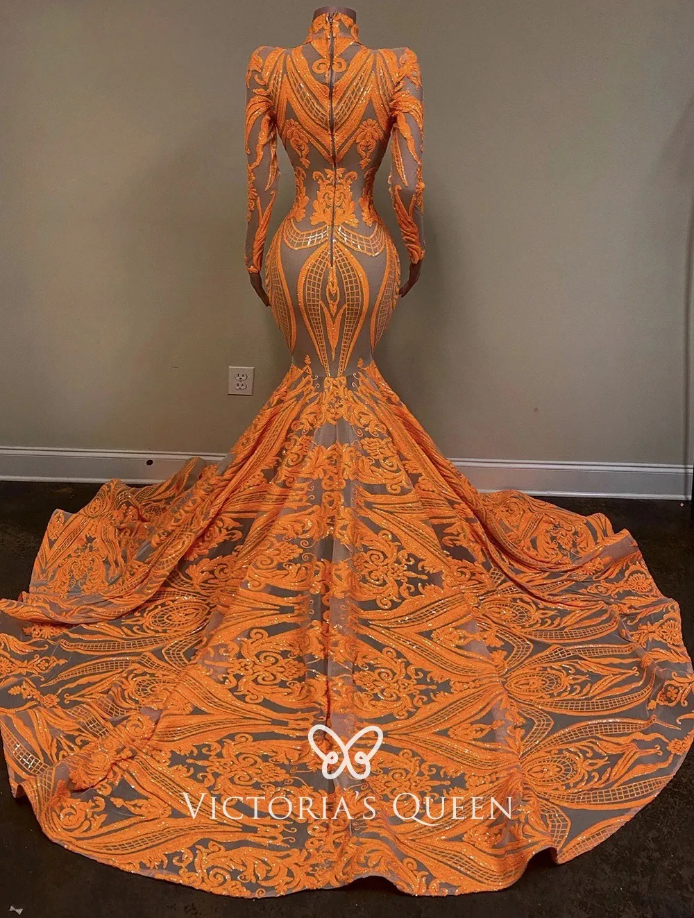 DarIing Geometric Long Sleeve Orange Sequin Prom Dress - VQ