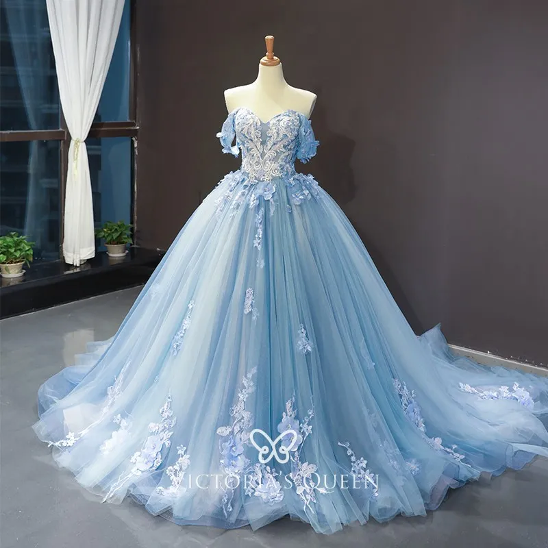 Tulle with Floral Ice Blue Lace Appliqued Prom Dress - VQ