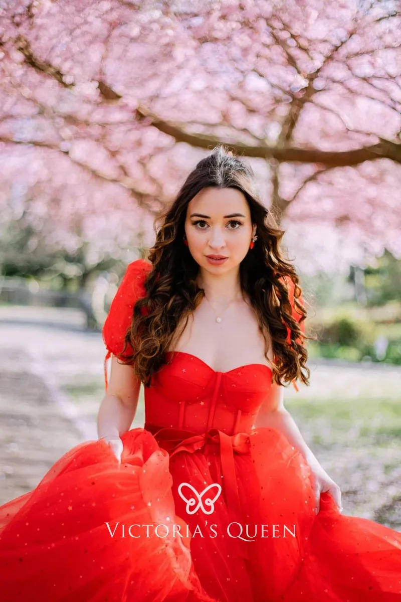 Red Glitter Tulle Tea-length Sweet-16 Formal Party Dress - VQ