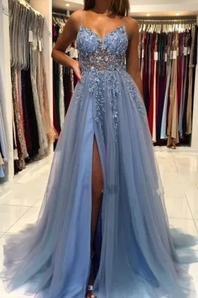Sky Blue Lace Appliqued Satin and Tulle Prom Dress - VQ