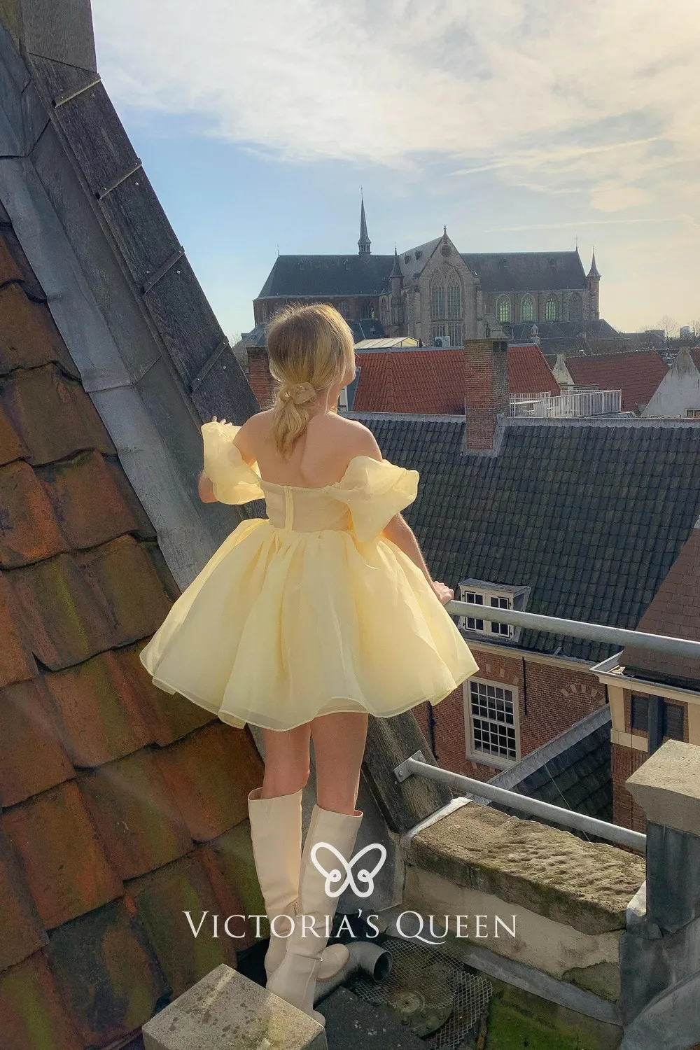Cute Mini Light Yellow Organza Puff Sleeve Party Dress - VQ