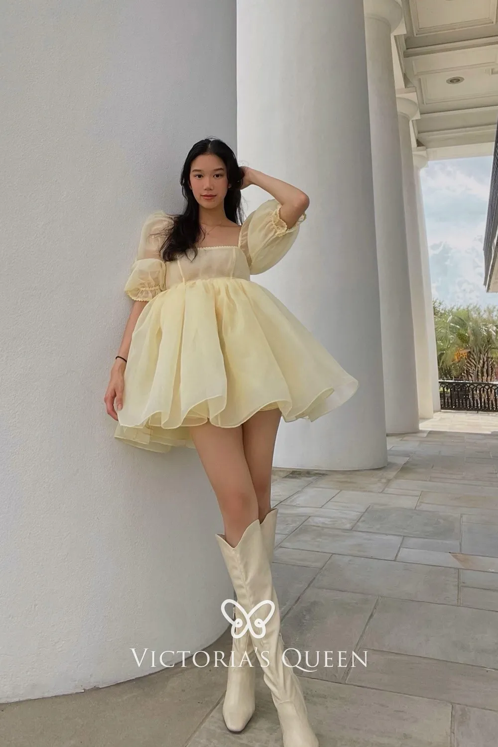 Cute Mini Light Yellow Organza Puff Sleeve Party Dress - VQ