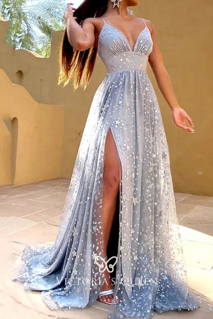 Glitter Starry V Neck High Slit Dream Prom Formal Dress - VQ