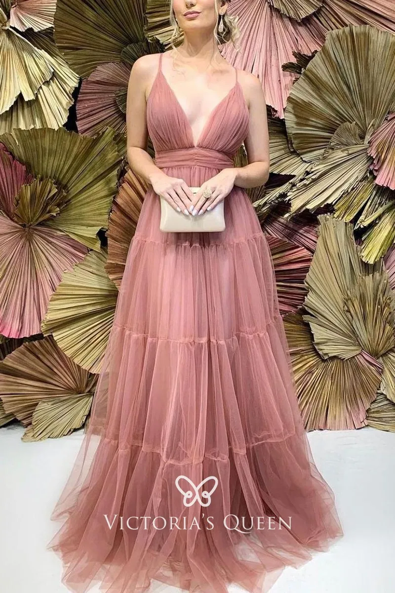 Graceful Dusty Rose Plunging Neckline Semi-formal Dress - VQ