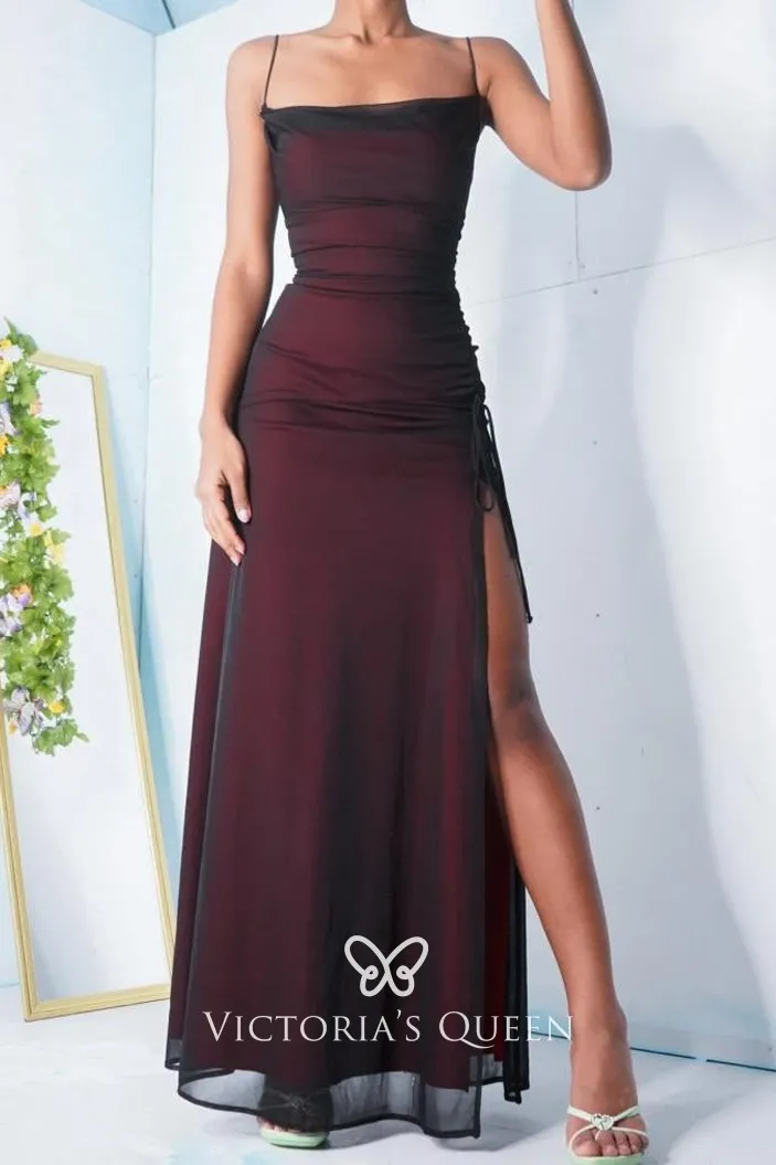 Unique Black Chiffon Overlay Wine Sheath Slit Formal Wear - VQ