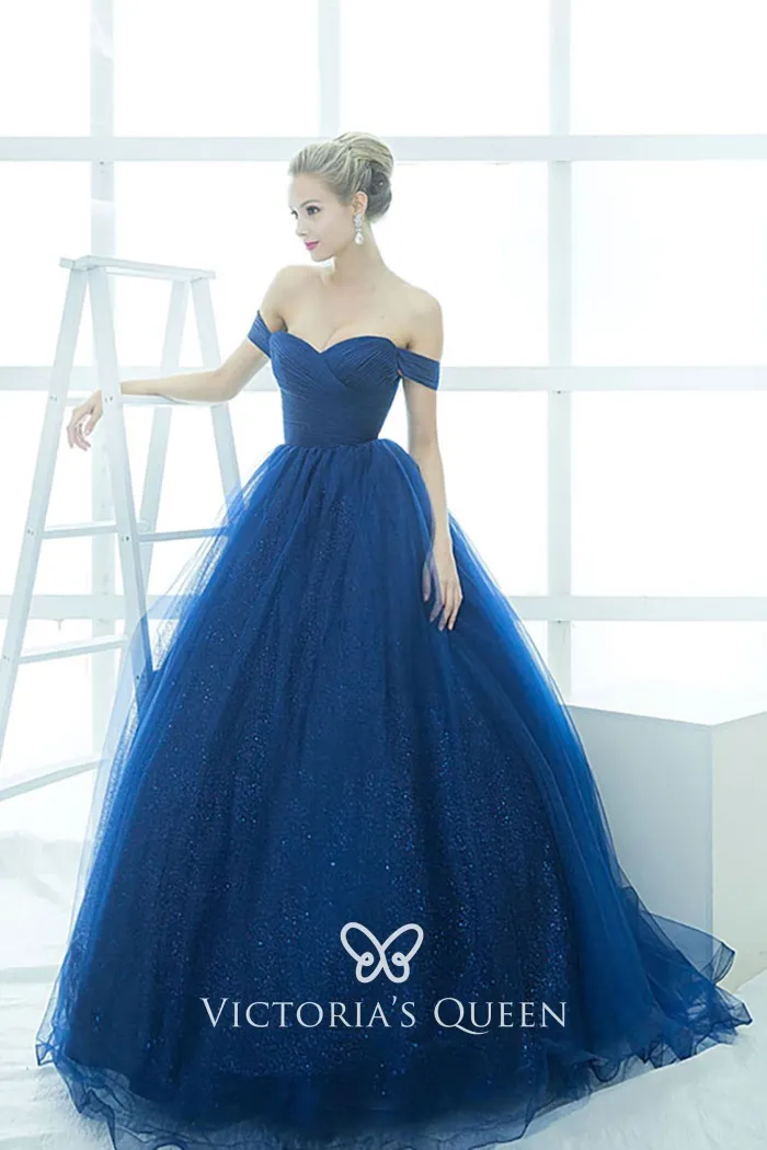 Princess Blue Glitter Off-shoulder Formal Evening Dress - VQ