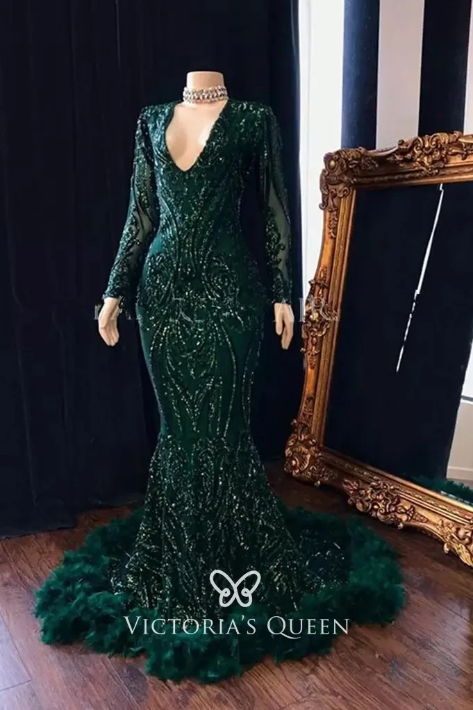 Sparkly Dark Green Sequin & Feather Mermaid Prom Dress - VQ