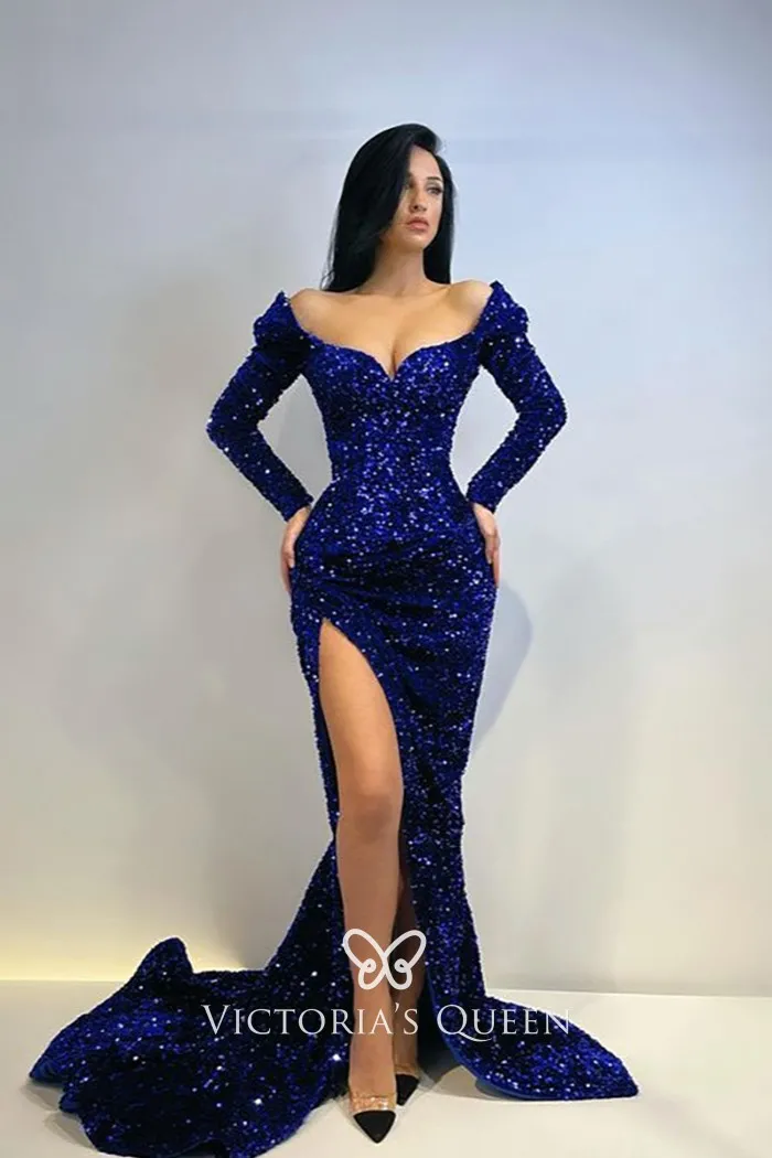 Chic & Sparkly Sequin Long Sleeves High Slit Prom Dress - VQ