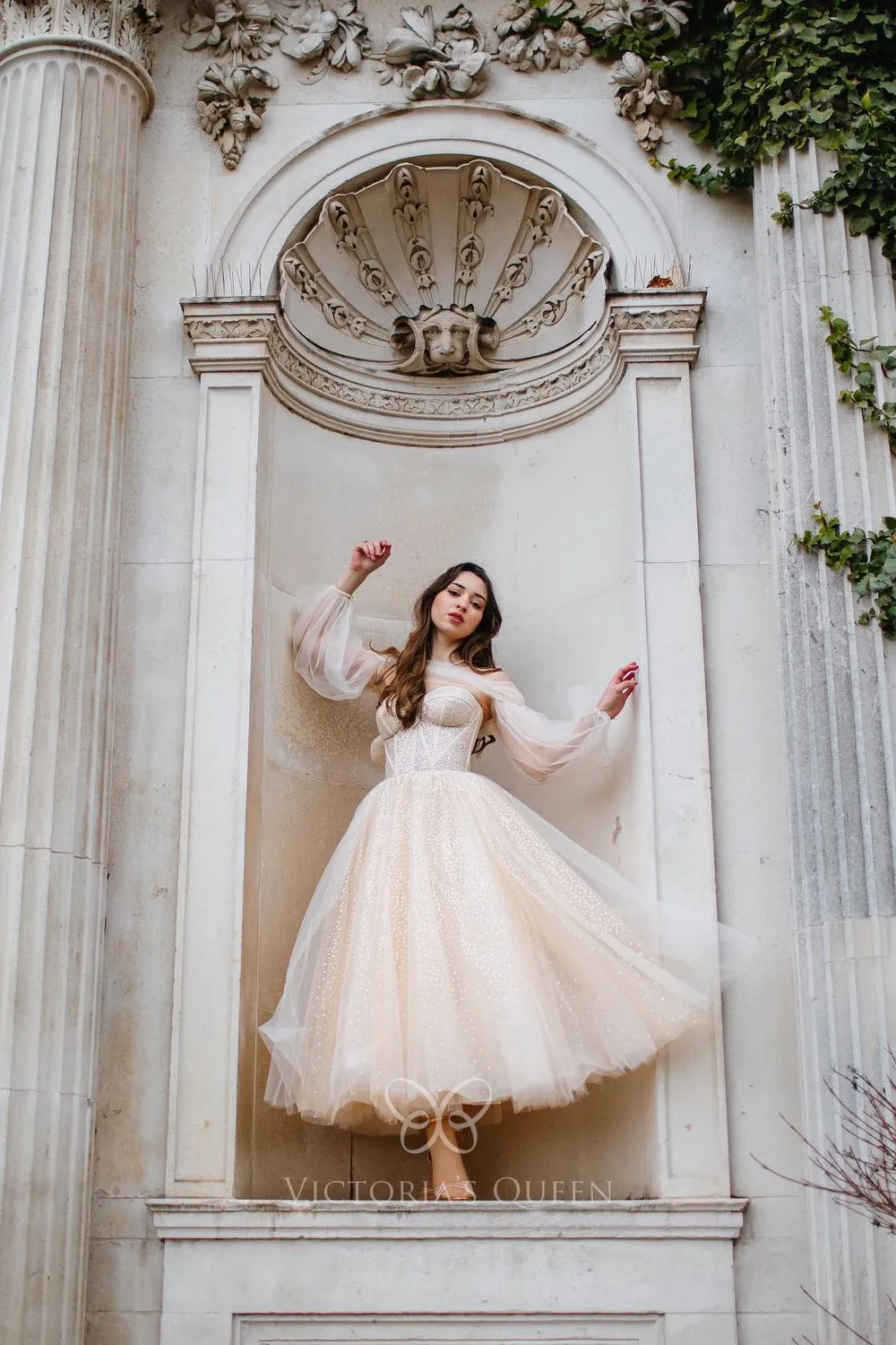 Detachable Bishop Sleeve Shimmering Beige Party Dress - VQ