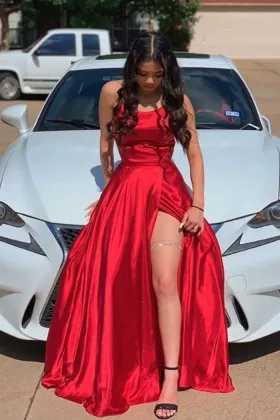 Sexy Red Satin Double-slit V-neck Long Prom Dress - VQ