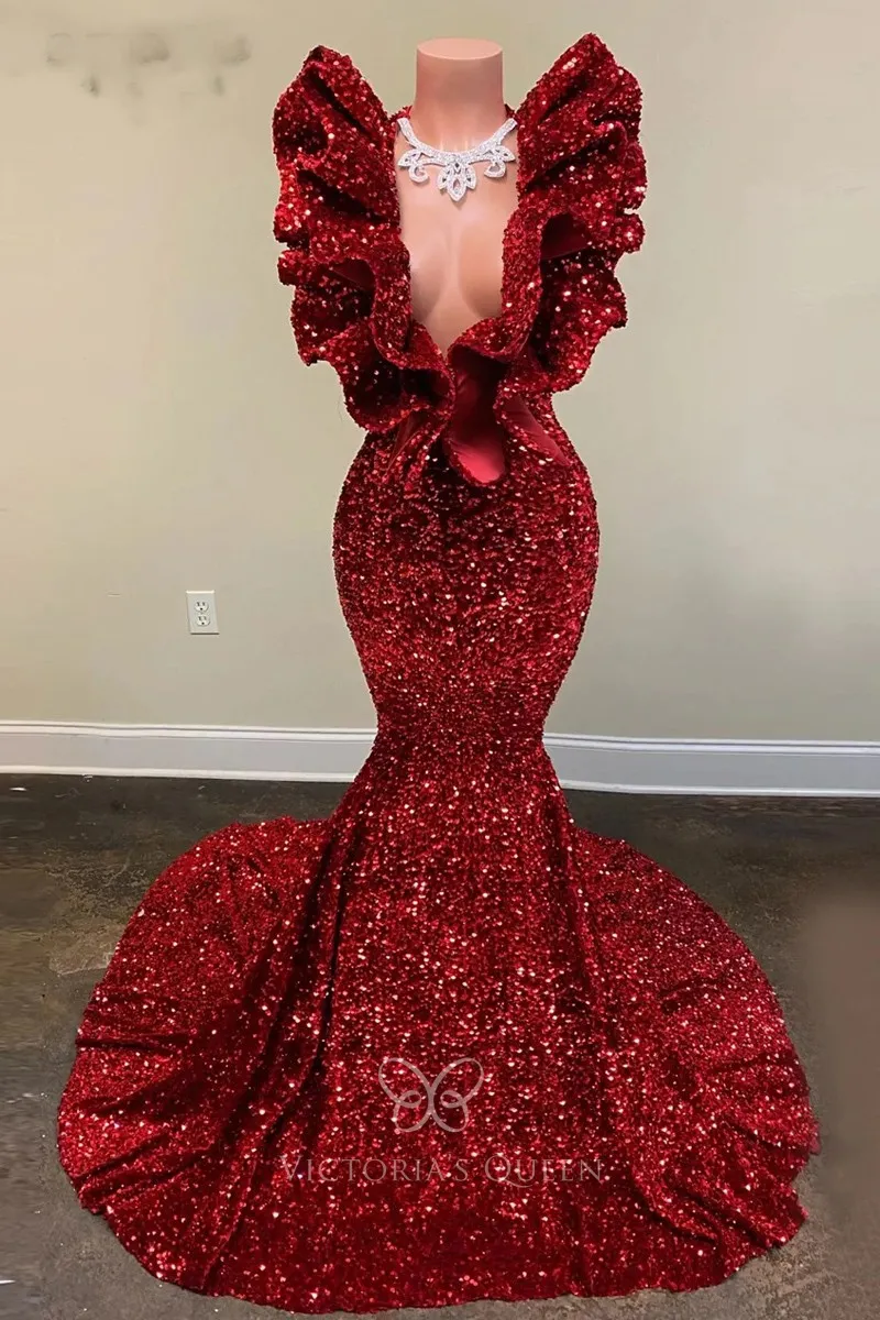 Sparkly Dark Red Sequin Exaggeratedly Ruffled Prom Gown - VQ