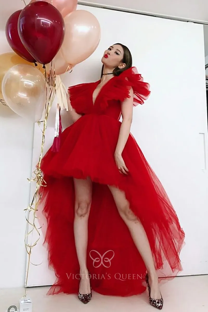 Dramatic Ruffles Red Tulle High-low Party Wear Dress - VQ