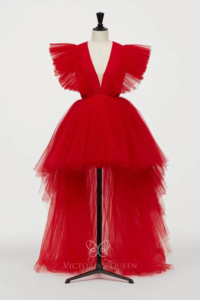 Dramatic Ruffles Red Tulle High-low Party Wear Dress - VQ