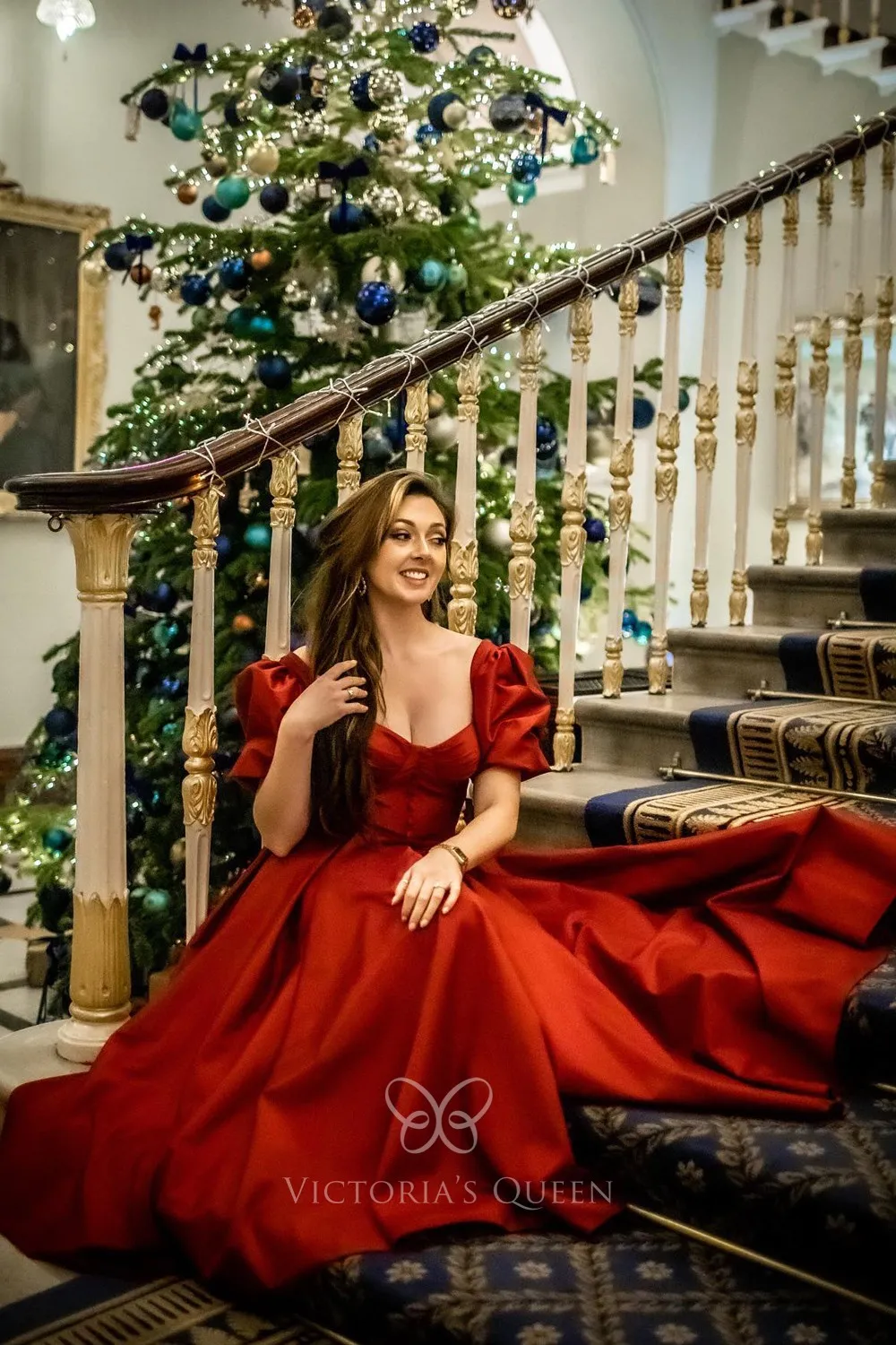 Ruby Red Satin Short Sleeves Slit Christmas Party Dress - VQ