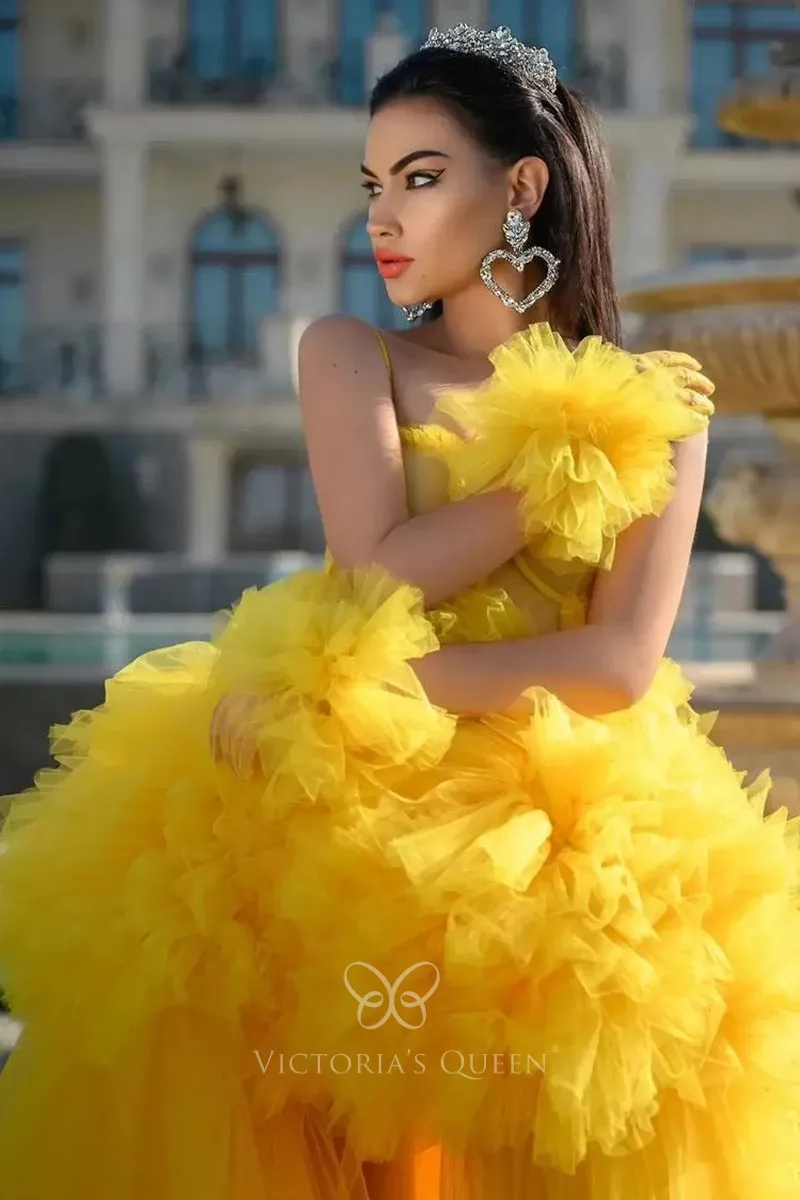 Unique Vibrant Yellow Ruffled Peplum High-low Prom Gown - VQ