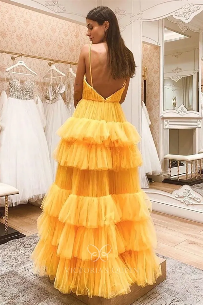 Cute Multi-tiered Pleated Yellow Tulle V Neck Prom Dress - VQ