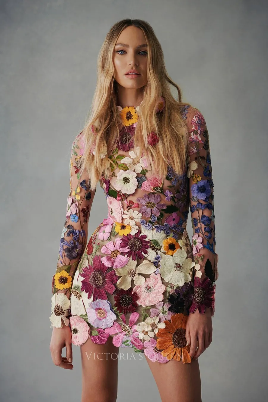 Unique Multi-color 3D Flower Sheer Mini Cocktail Dress - VQ