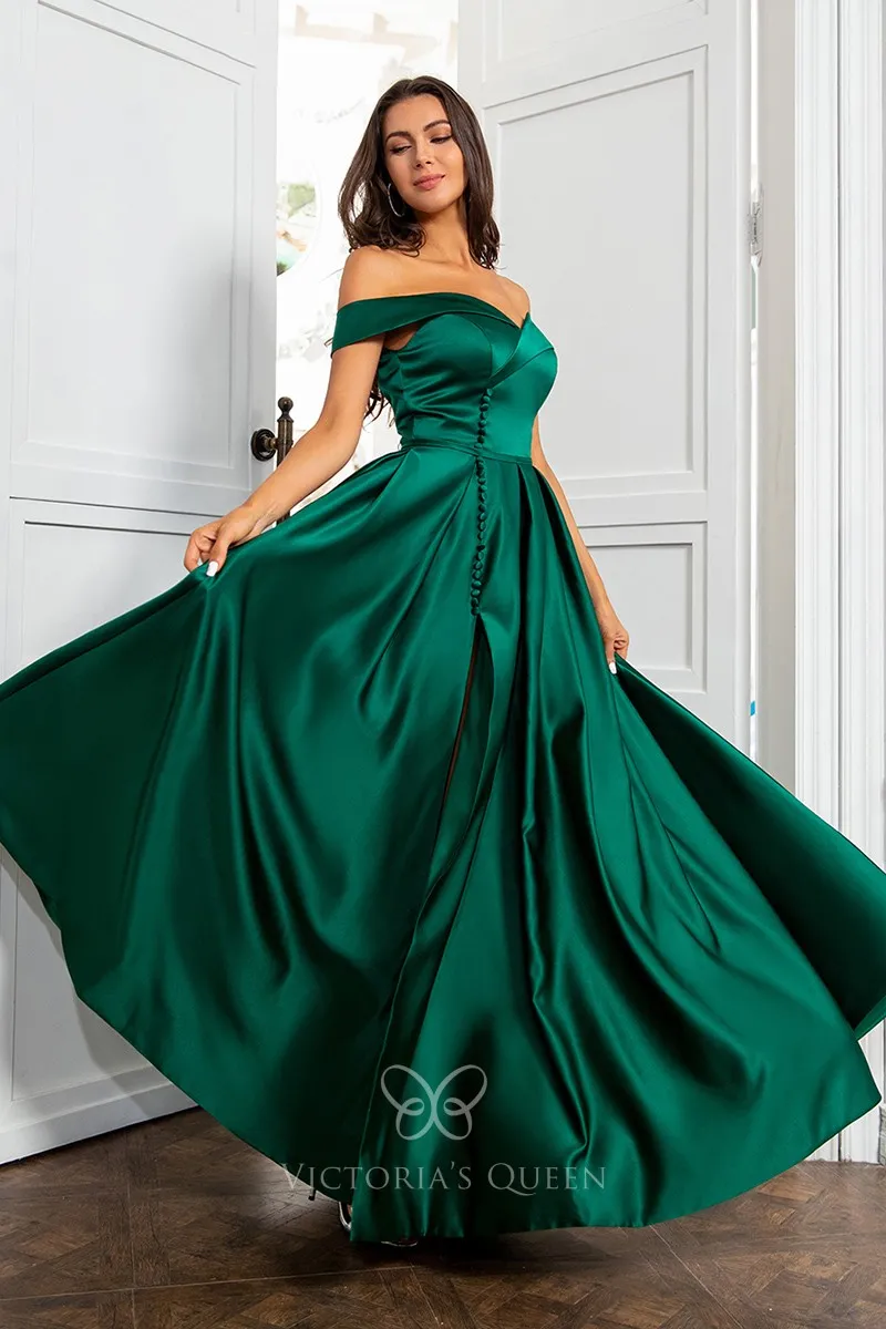 Chic Emerald Green Satin Off-shoulder Slit Evening Dress - VQ
