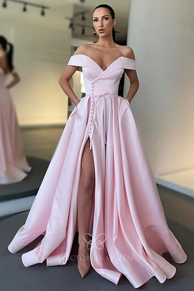 Trending Light Blue Satin Off-shoulder Slit Puffy Dress - VQ