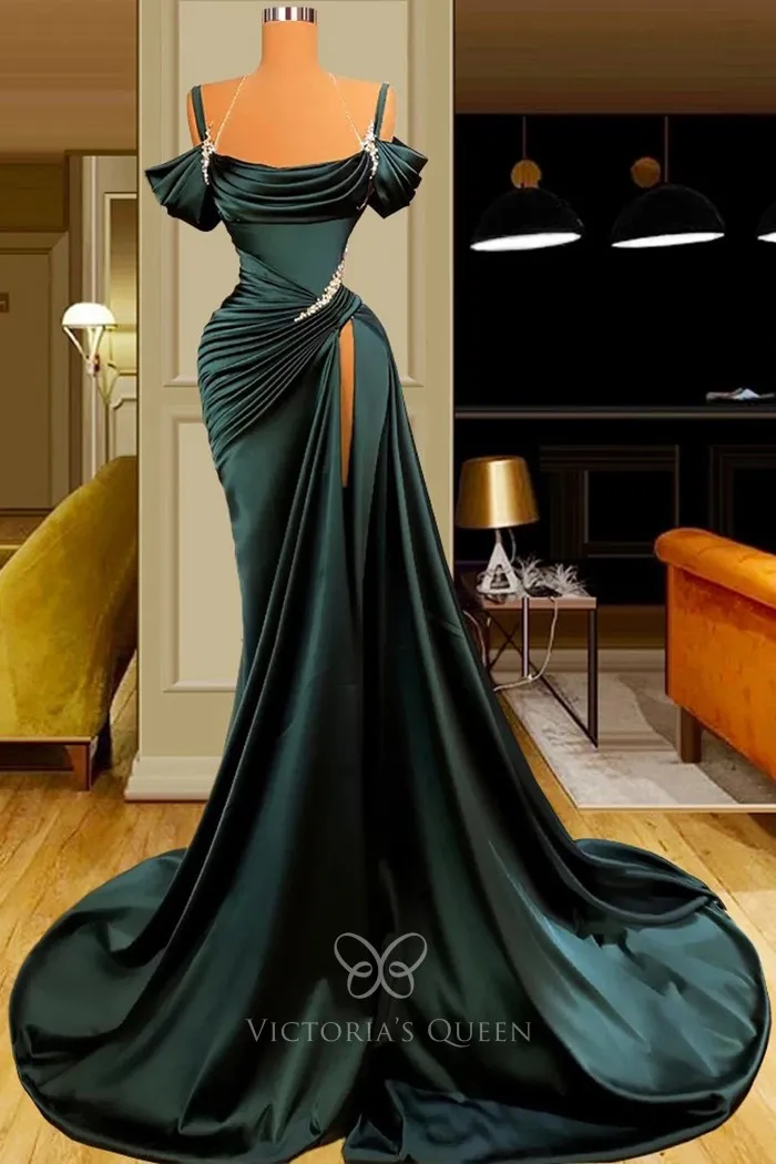 Trending Pleated Dark Green Satin Diamond Prom Dress - VQ