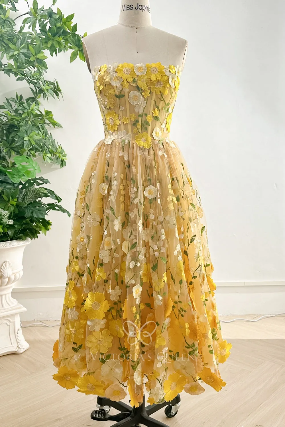 Fairytale Yellow Flower Lace Strapless Midi Graduation Dress - VQ
