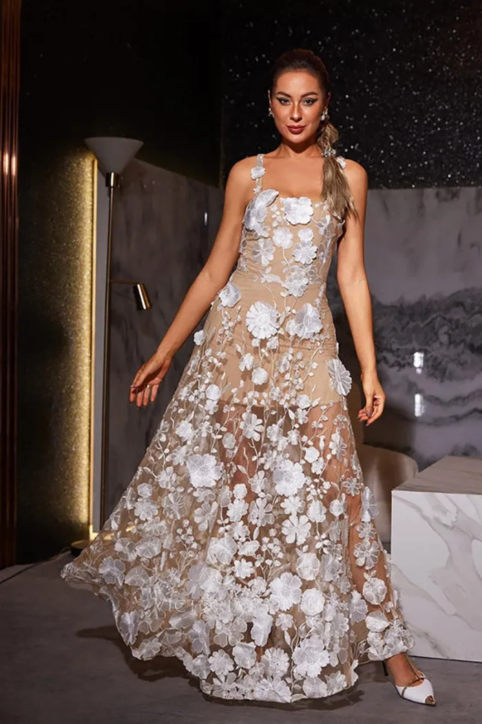 Sexy 3D Floral Lace Sheer Overlay Maxi Anniversary Dress - VQ