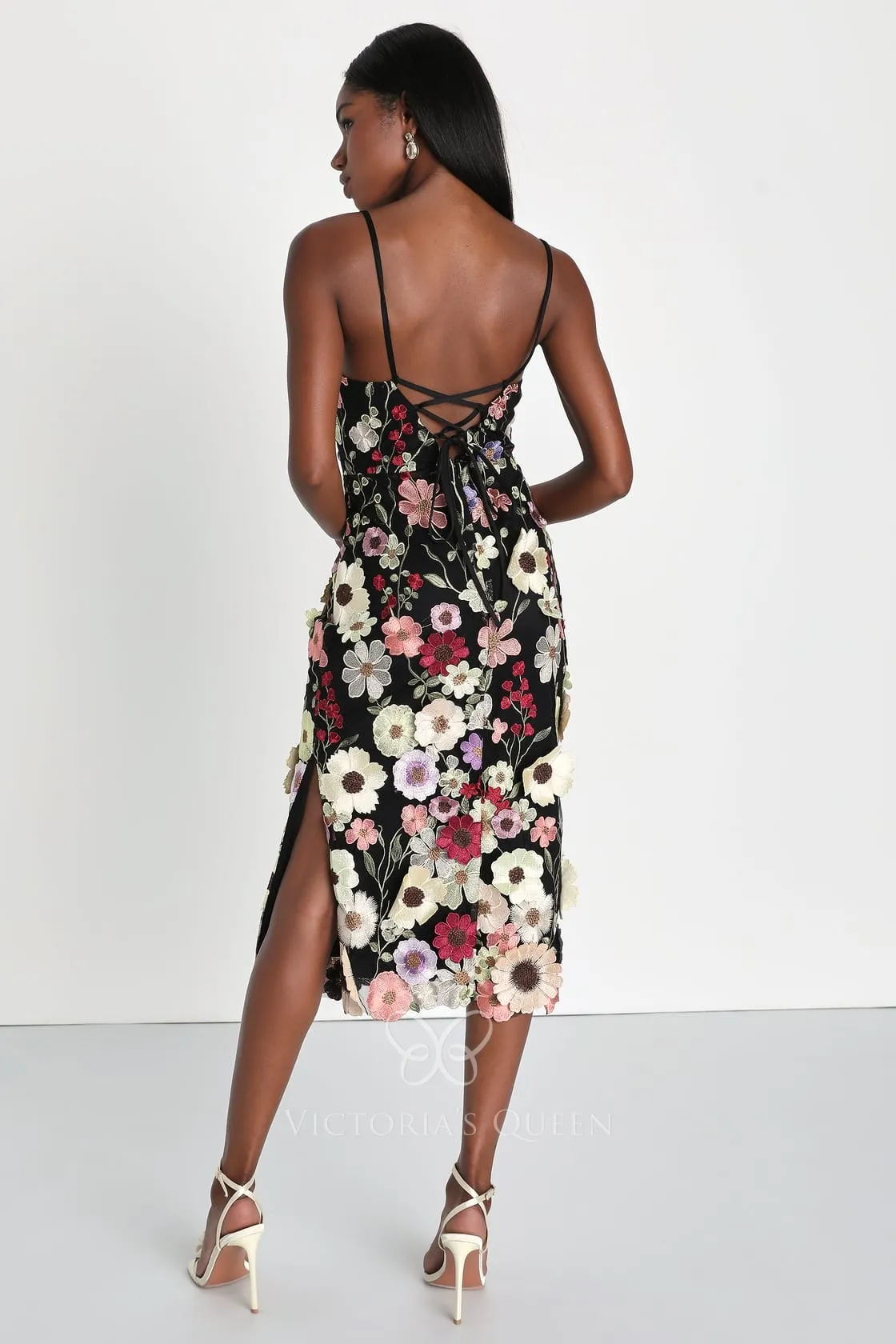 Multi-color 3D Flower Black Slit Midi Wedding Guest Dress - VQ