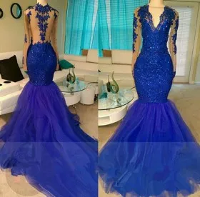 Royal Blue Lace One Sleeve Trumpet Organza Prom Dress - VQ