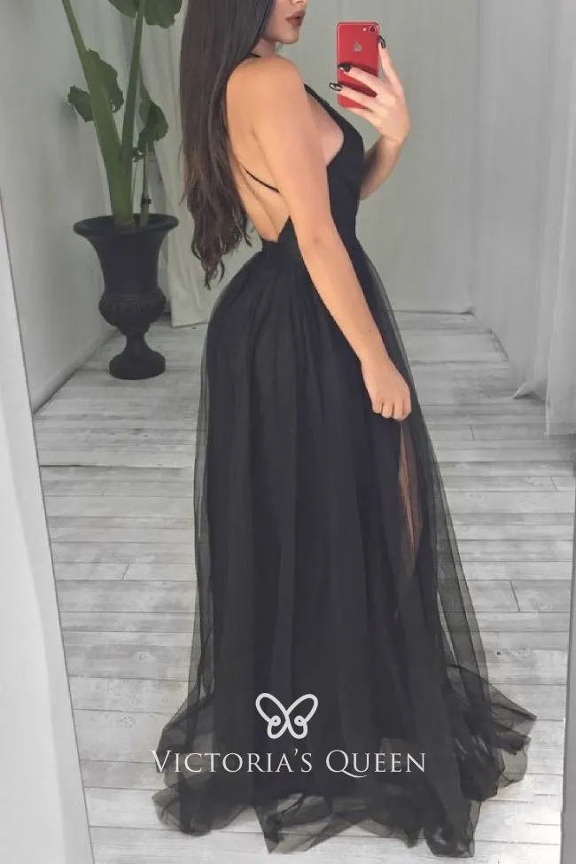 Sexy Black Tulle Plunging Neckline Open Back Prom Dress - VQ