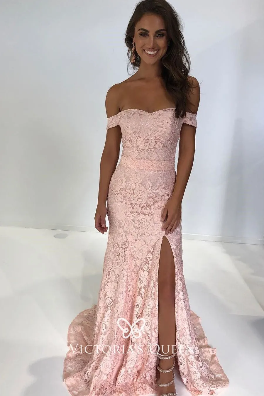 Sexy Off-the-shoulder Pearl Pink Lace Long Party Dress - VQ