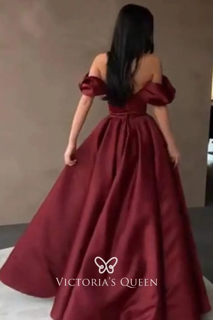 Draped Off-the-shoulder Mahogany Satin Long Prom Dress - VQ
