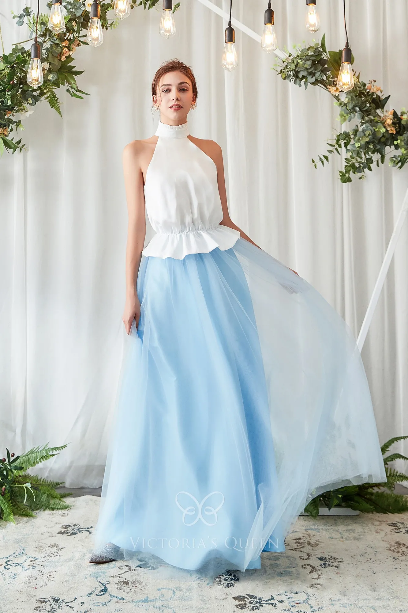 Modern Two-piece Two-tone High Neck Peplum Bridesmaid Dress - VQ