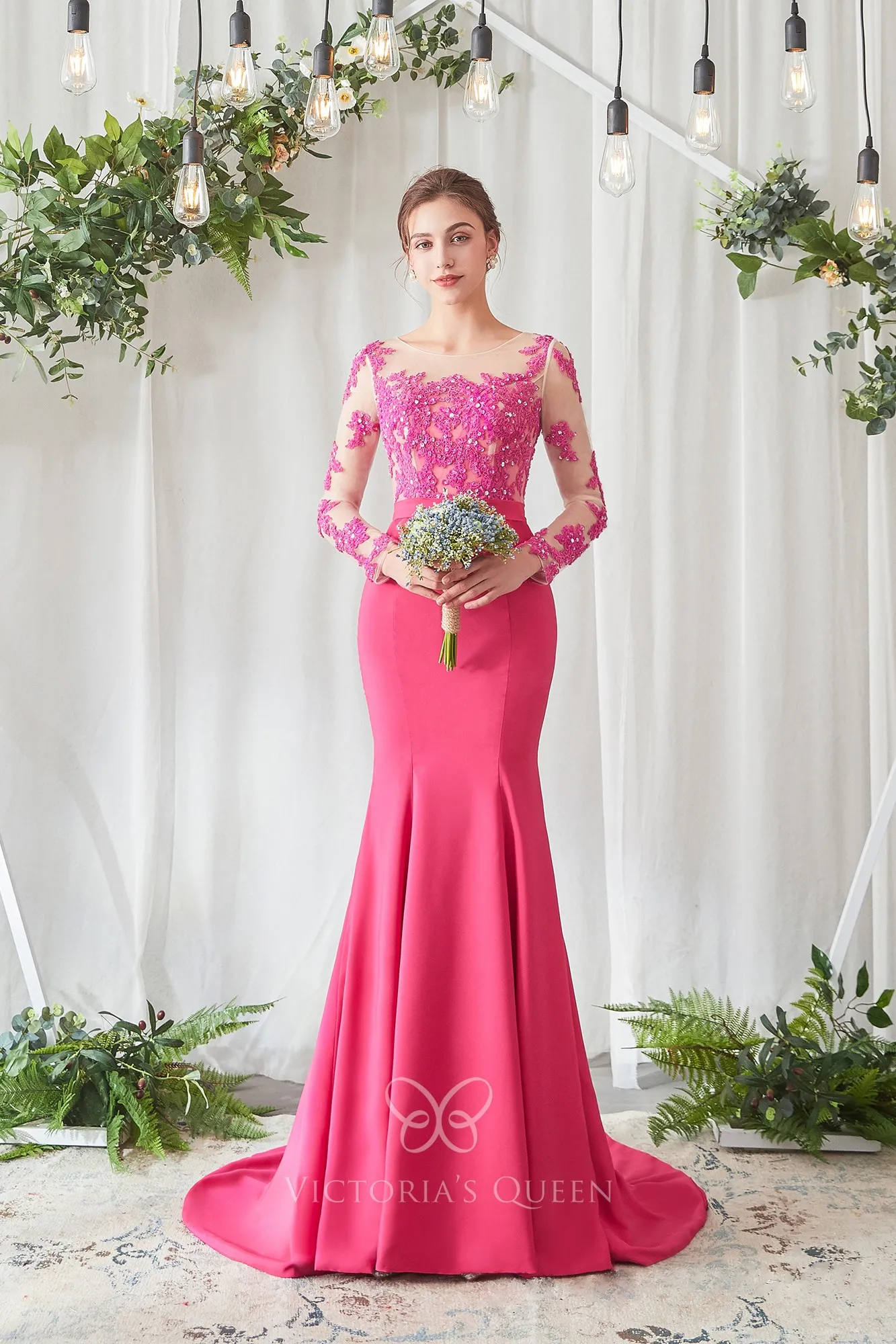 Fuchsia Beaded Lace Sheer Sleeve Mermaid Maid of Honor Dress - VQ