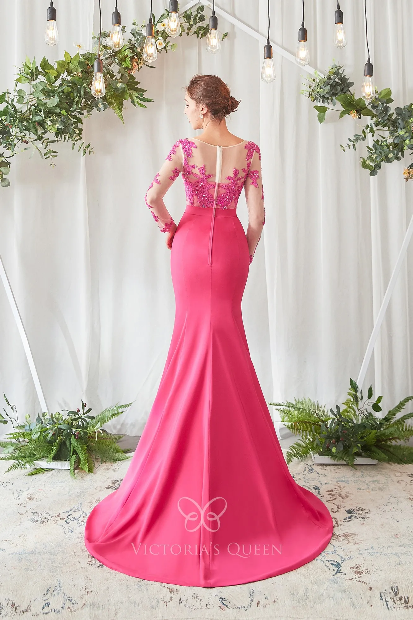 Fuchsia Beaded Lace Sheer Sleeve Mermaid Maid of Honor Dress - VQ