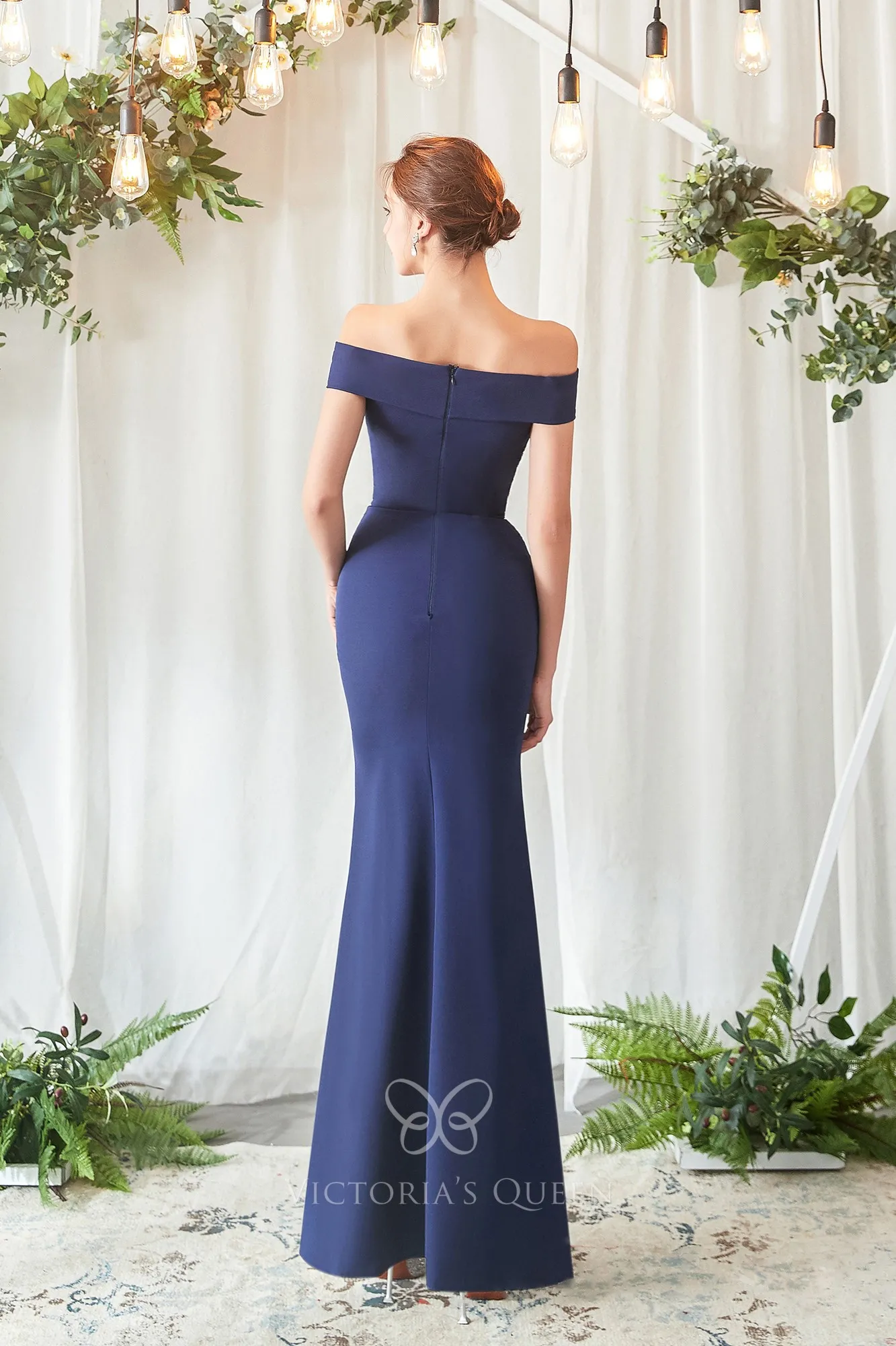 Navy Blue Satin Off-shoulder Mermaid Slit Bridesmaid Dress - VQ