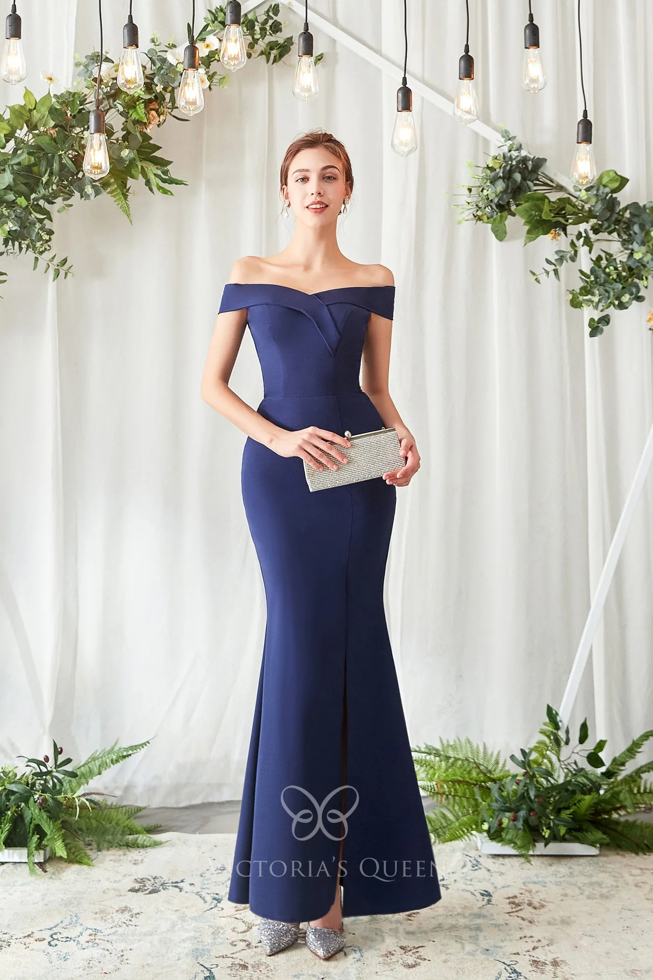 Navy Blue Satin Off-shoulder Mermaid Slit Bridesmaid Dress - VQ