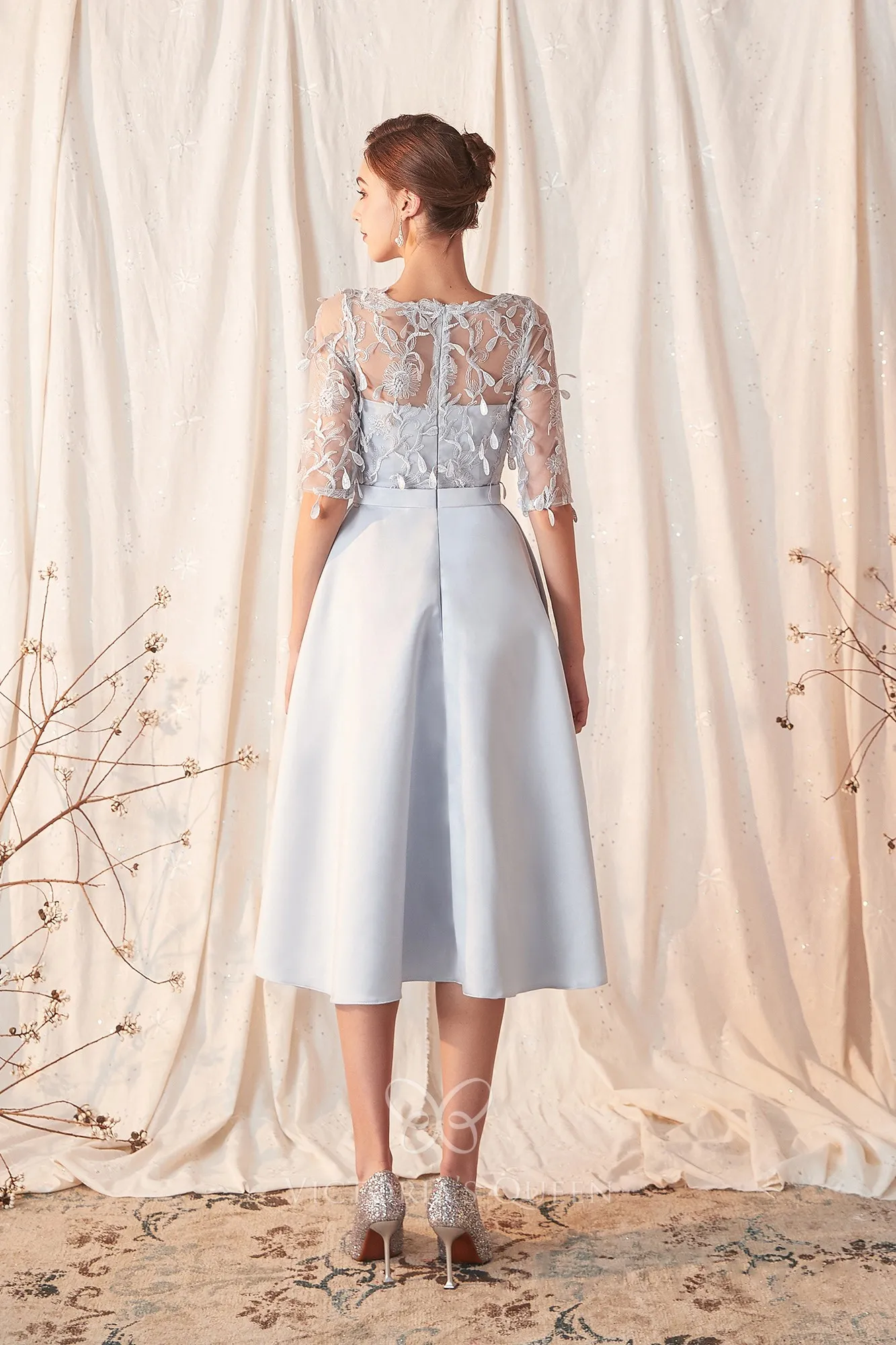 Modern Silver Lace & Satin Bride Mother Dress with Jacket - VQ