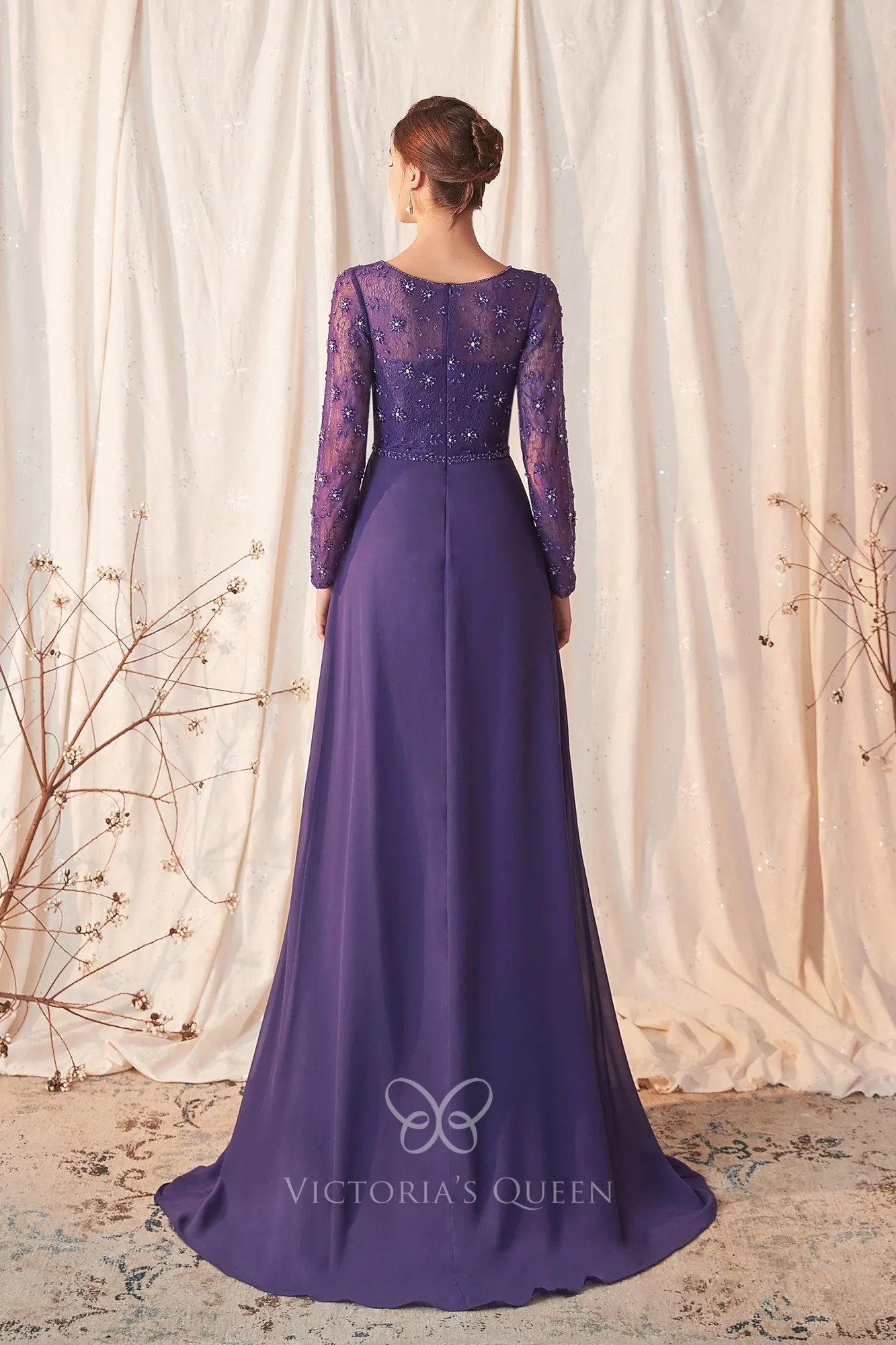 Luxury Purple Beaded Lace Chiffon Mother of the Bride Gown - VQ
