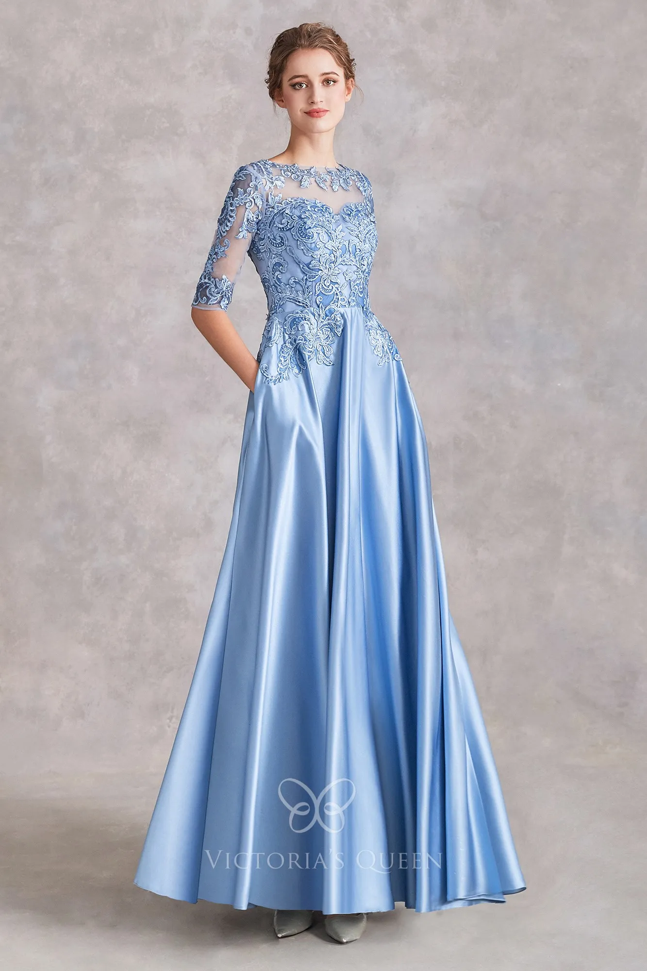 Ice Blue Lace & Satin Half Sleeve Mother of the Groom Dress - VQ