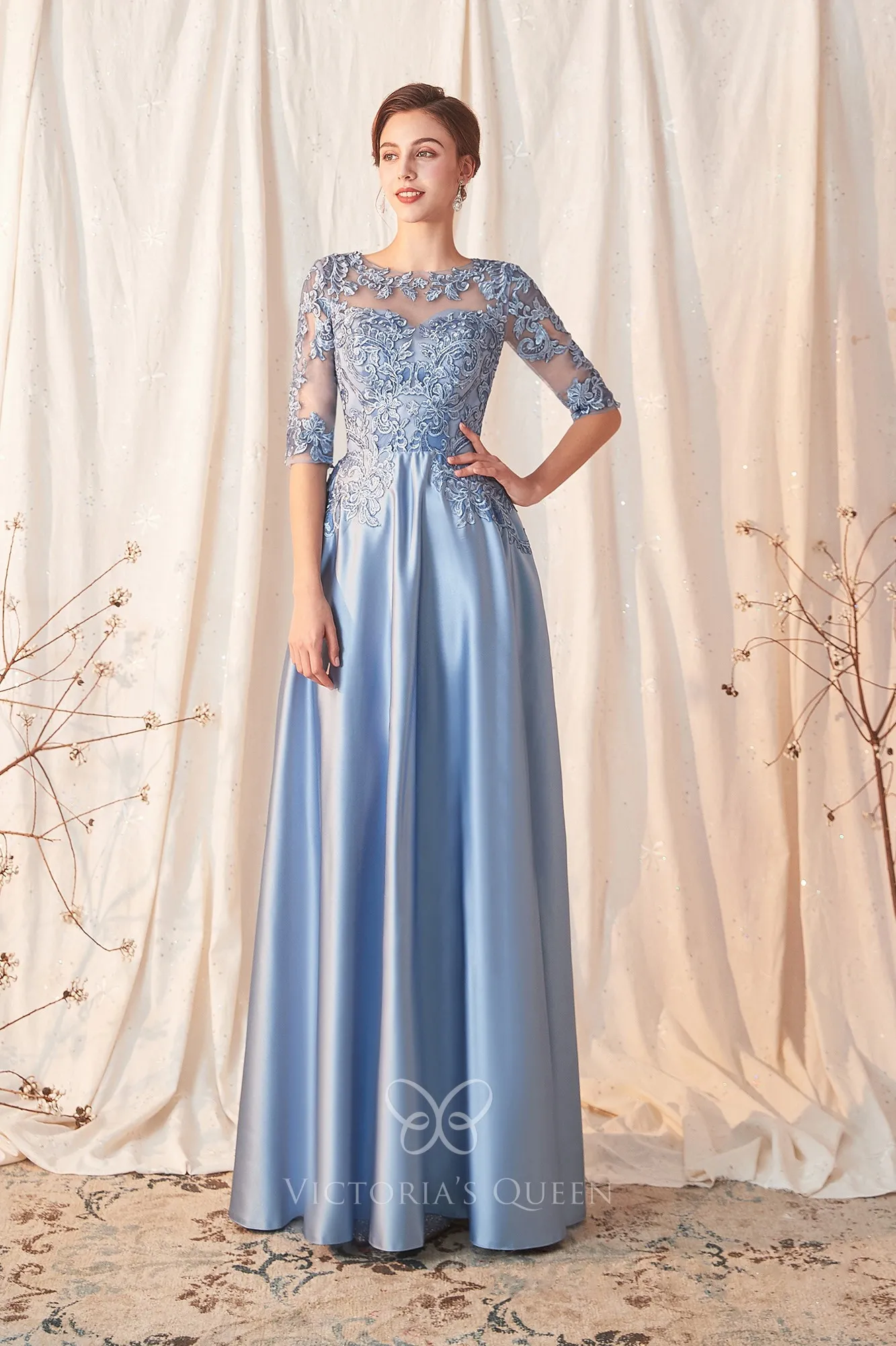 Ice Blue Lace Satin Half Sleeve Mother Of The Groom Dress Vq