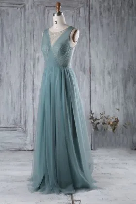 White Lace Dark Green Tulle Two-tone Bridesmaid Dress - VQ