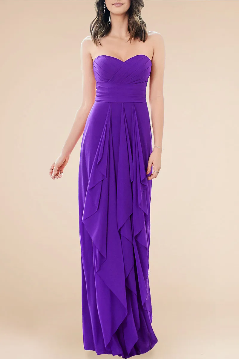Strapless Purple Chiffon Ruffled Column Bridesmaid Gown - VQ