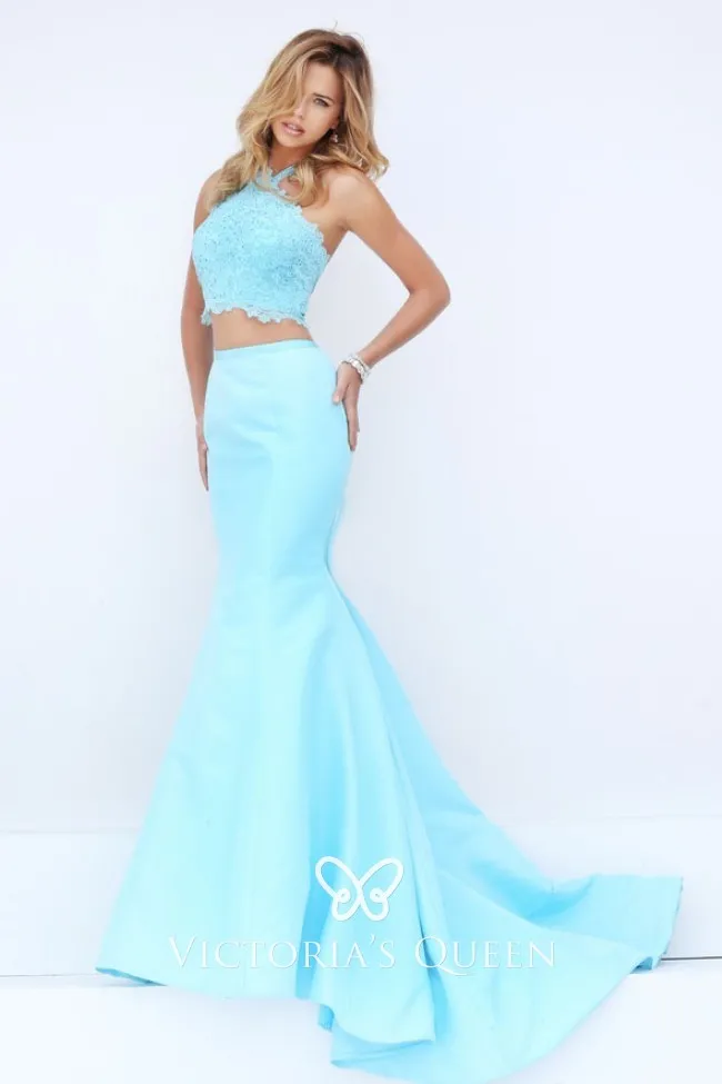 Water Blue Lace and Satin Two-piece Mermaid Prom Dress - VQ