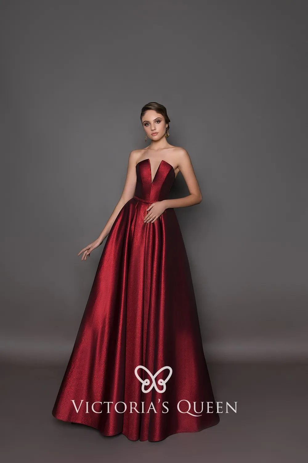 Simple Dark Red Satin Strapless V-cut Formal Prom Dress - VQ