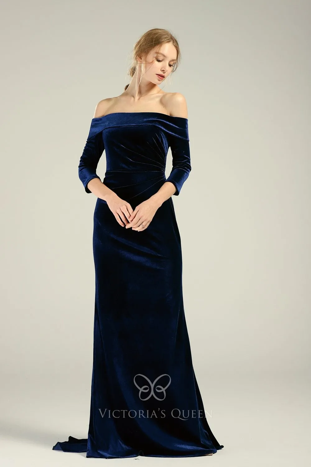 Navy Blue Velvet Off-shoulder 3/4 Sleeve Bridesmaid Dress - VQ
