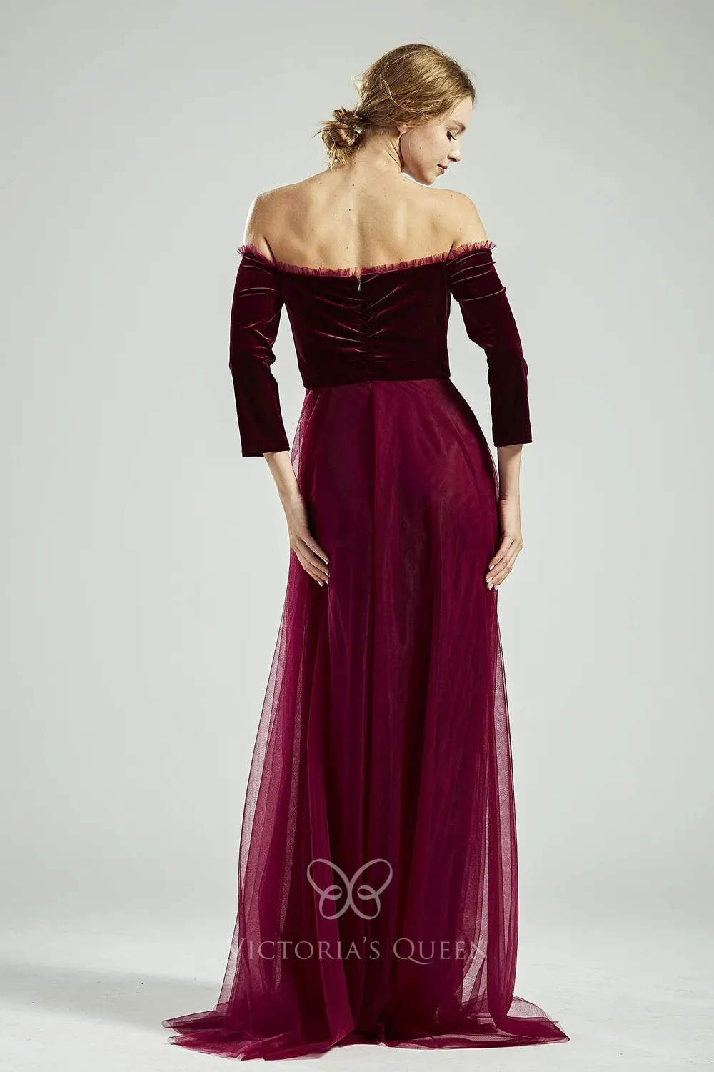 Off-shoulder Long Sleeve Merlot Velvet A-line Party Dress - VQ