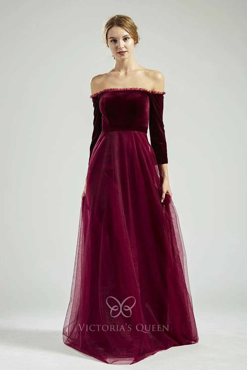 Off-shoulder Long Sleeve Merlot Velvet A-line Party Dress - VQ