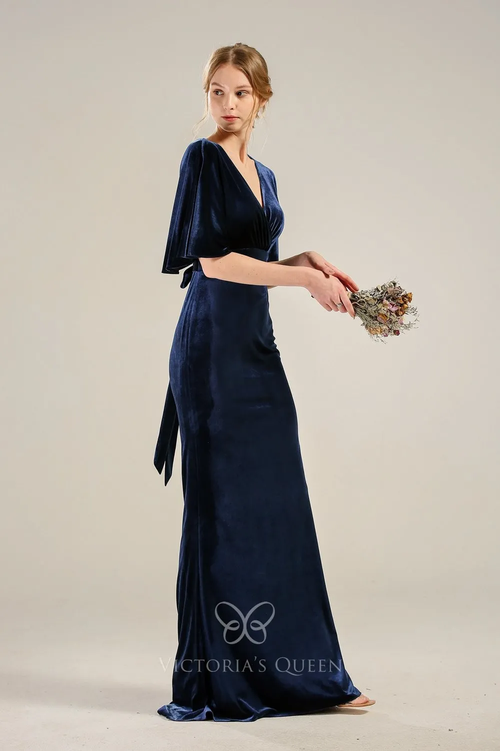 Demure Flutter Sleeve Navy Blue Velvet Maid of Honor Dress - VQ