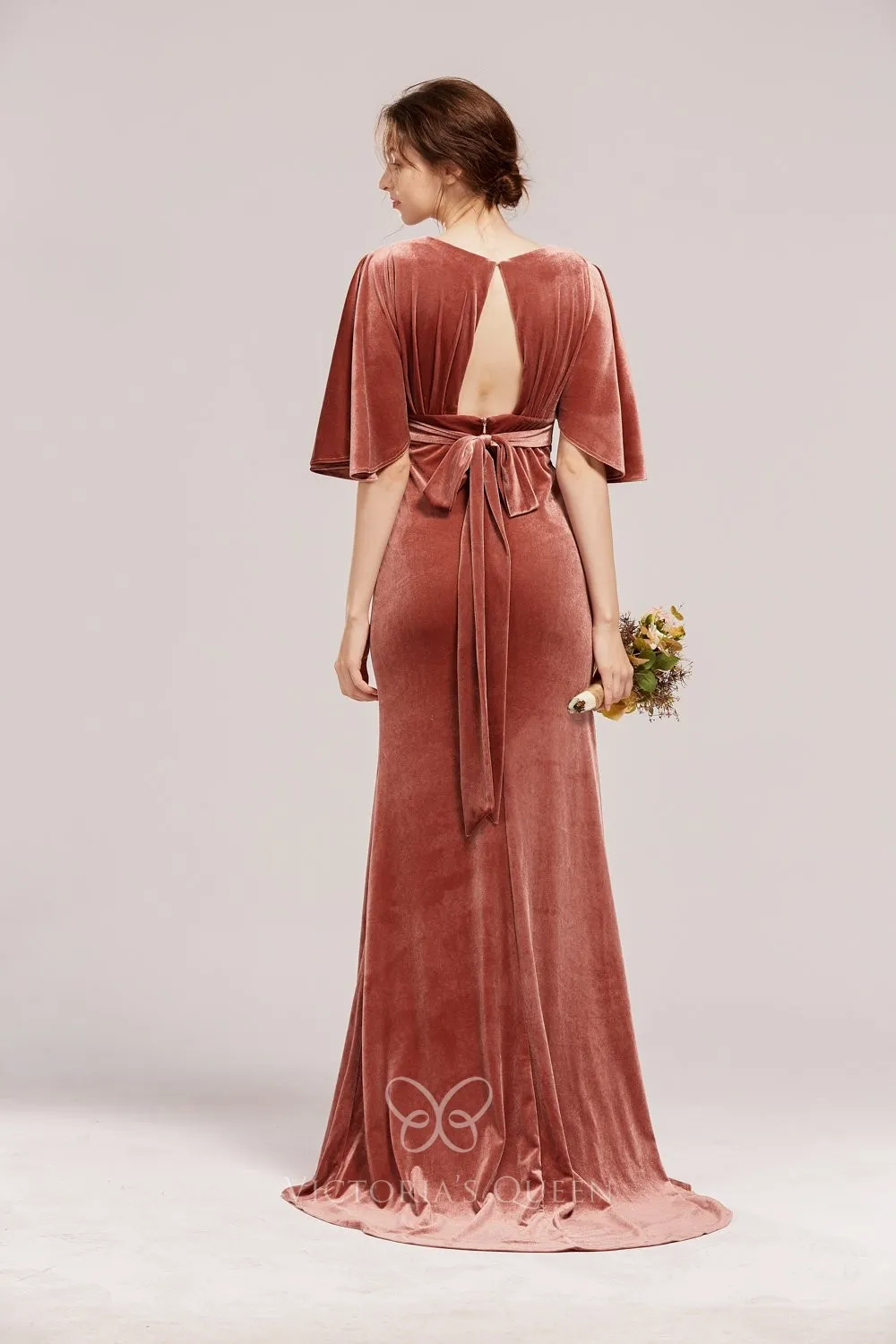 Brick Red Velvet Batwing Sleeve Mermaid Bridal Party Dress - VQ